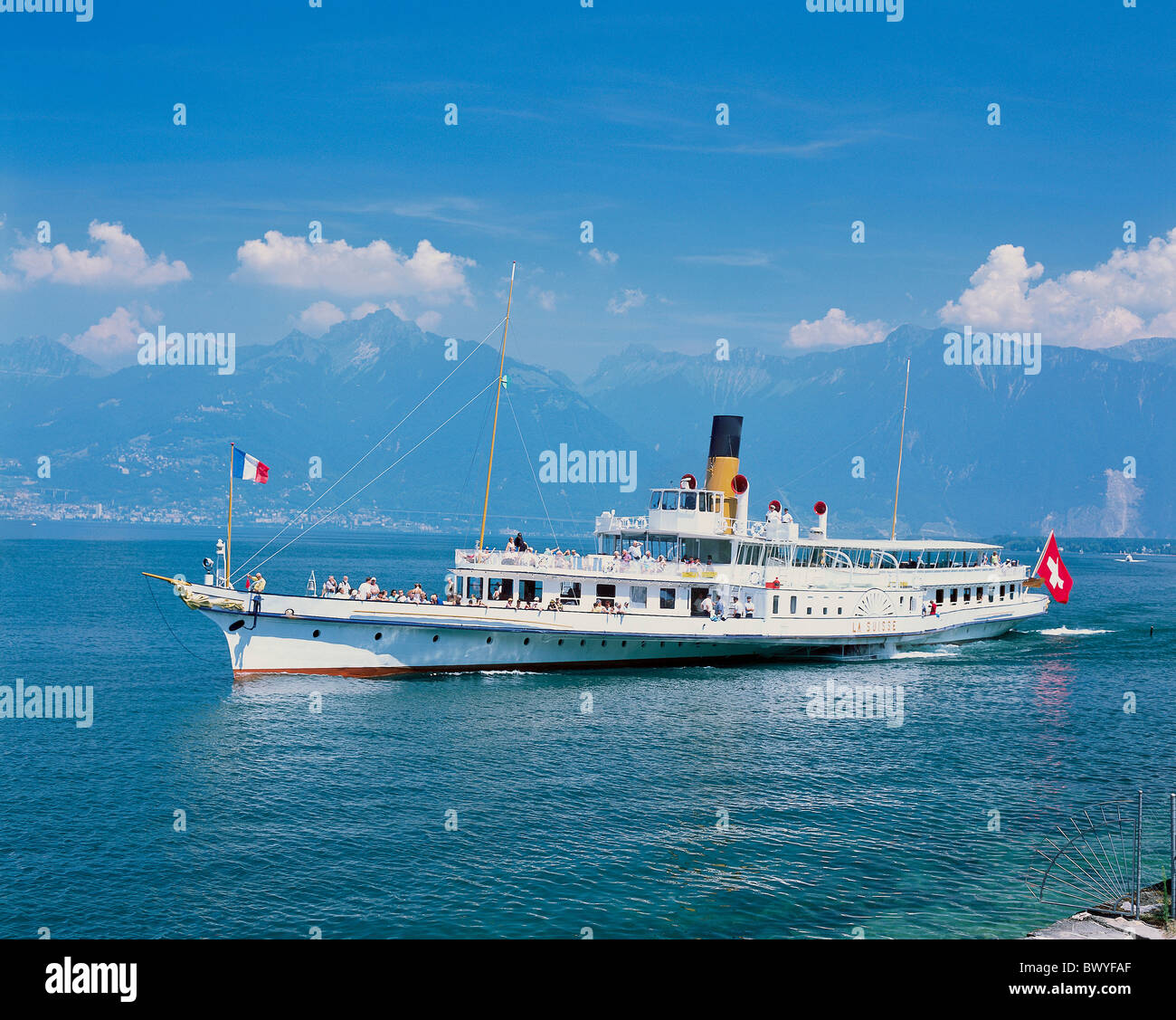 ship paddle steamer La Suisse flags banners lake Geneva Switzerland ...