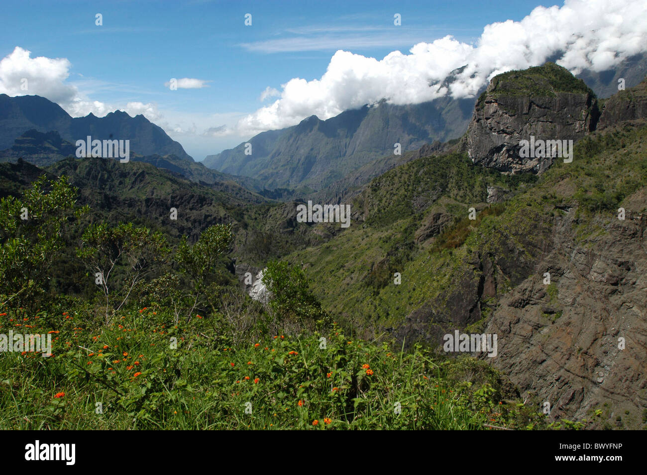 near Cilaos mountains rocks cliffs Ile de la Reunion Indian ocean ...