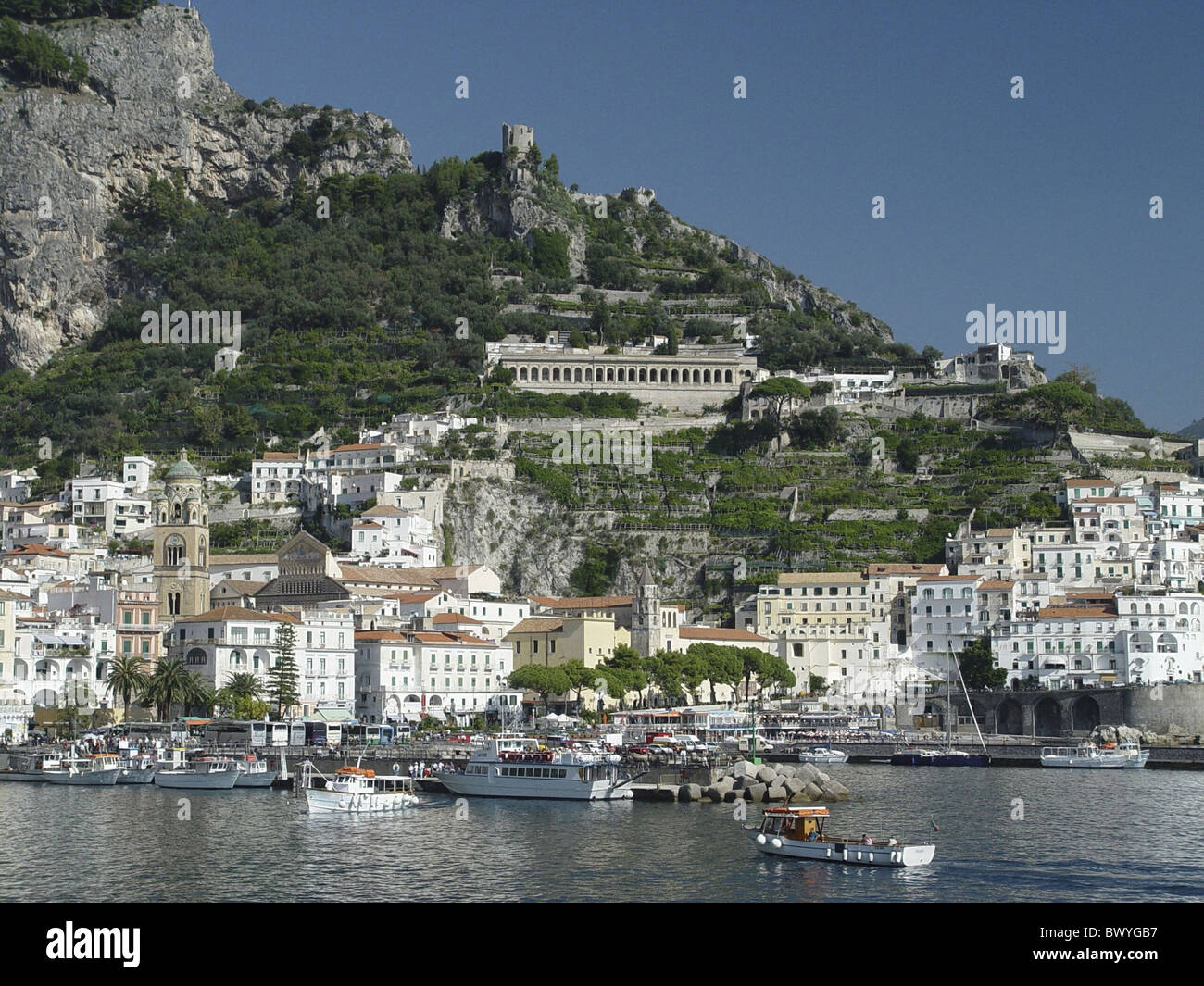 Amalfi town boats Campagna city coast harbor Italy Europe mountains ...