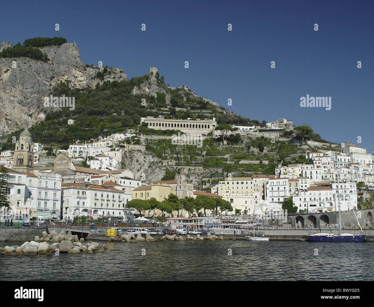 Amalfi town boats Campagna city coast harbor Italy Europe mountains ...