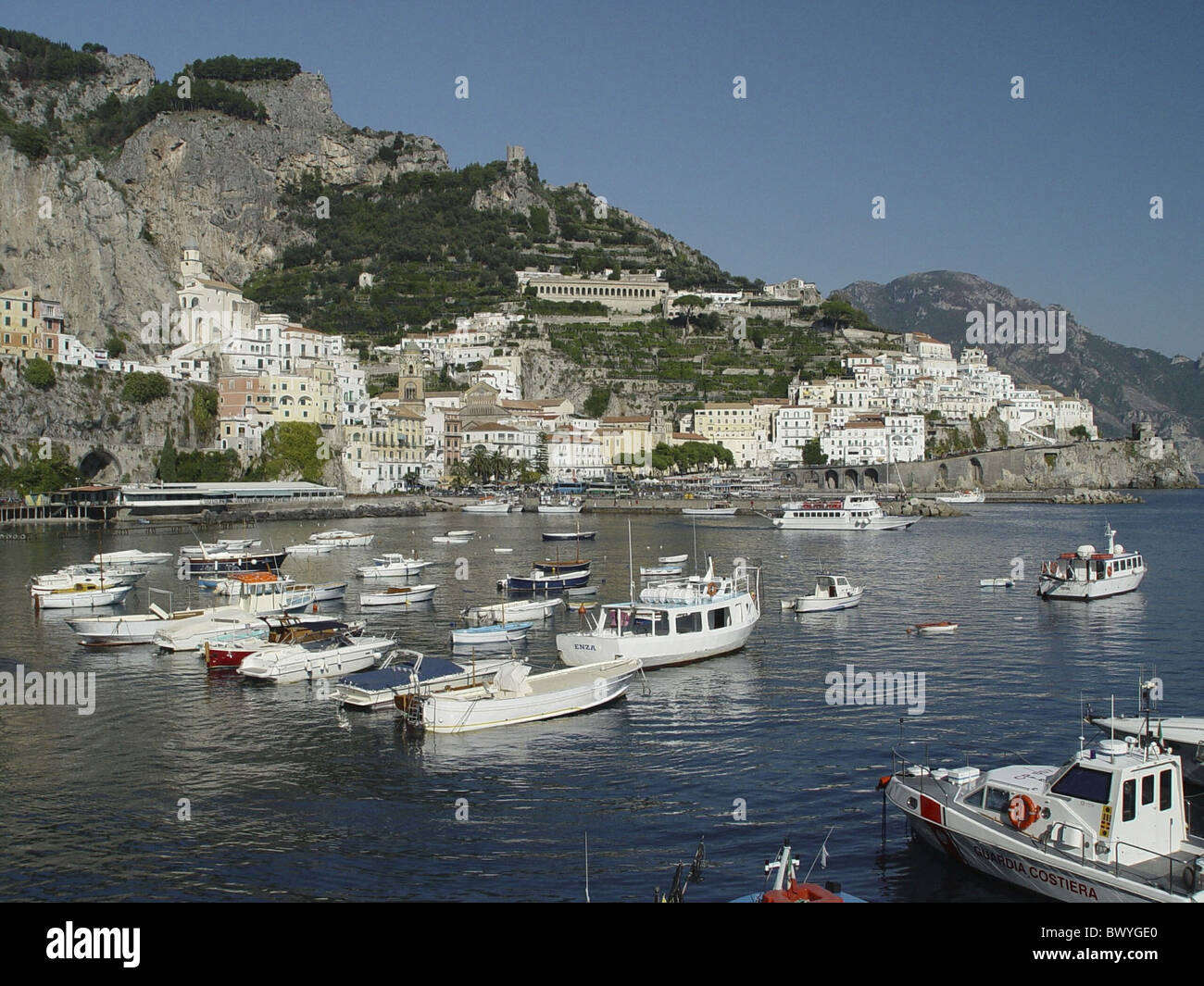 Amalfi town boats Campagna city coast harbor Italy Europe mountains ...