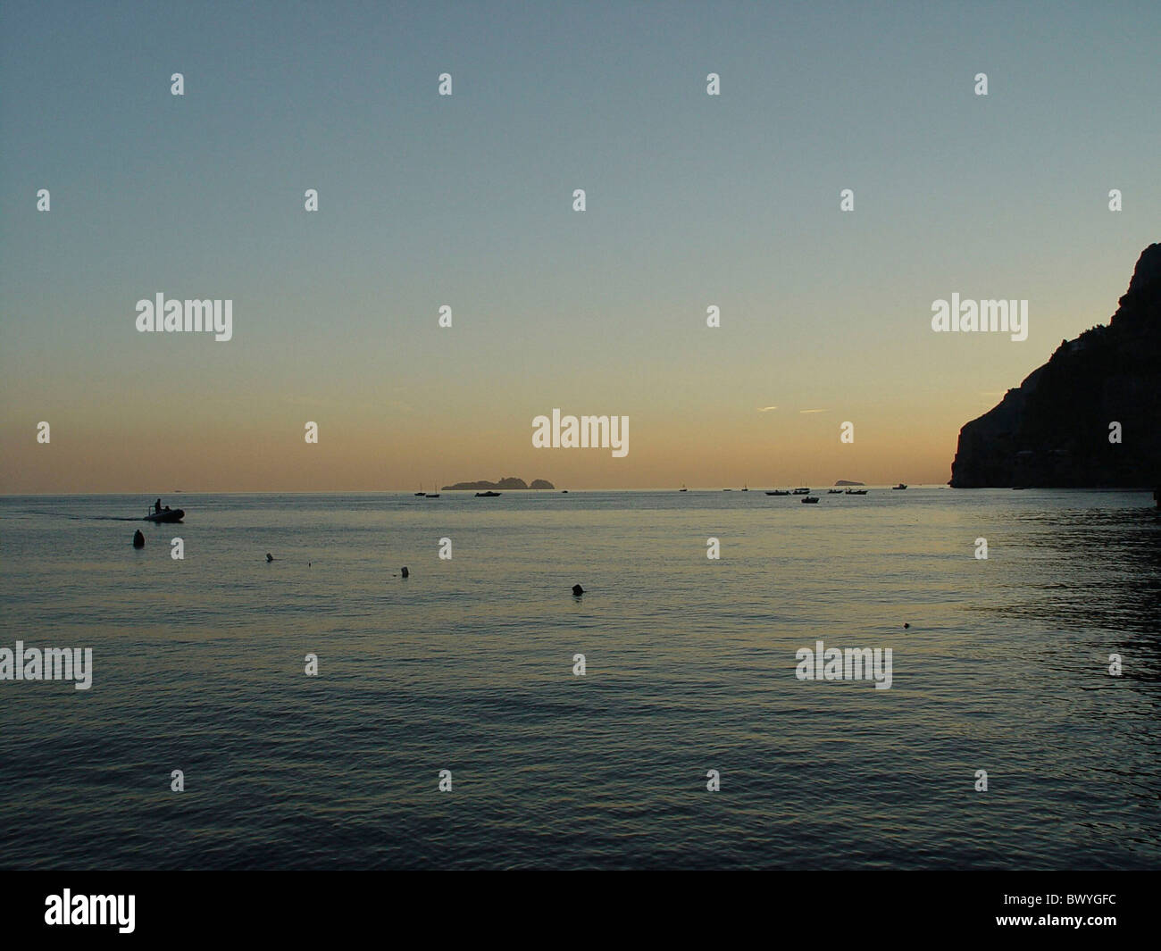 Amalfi coast boats Campagna coast dusk Italy Europe mood sea twilight ...