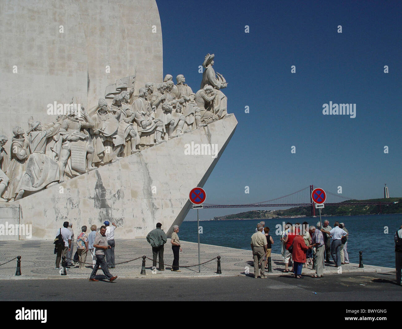 Belem monument suspension bridge coast Lisbon sea Padrao dos ...