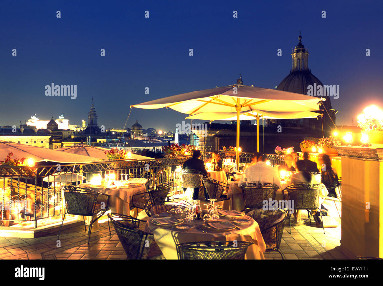 outside view roofs roof terrace Italy Europe night at night restaurant ...