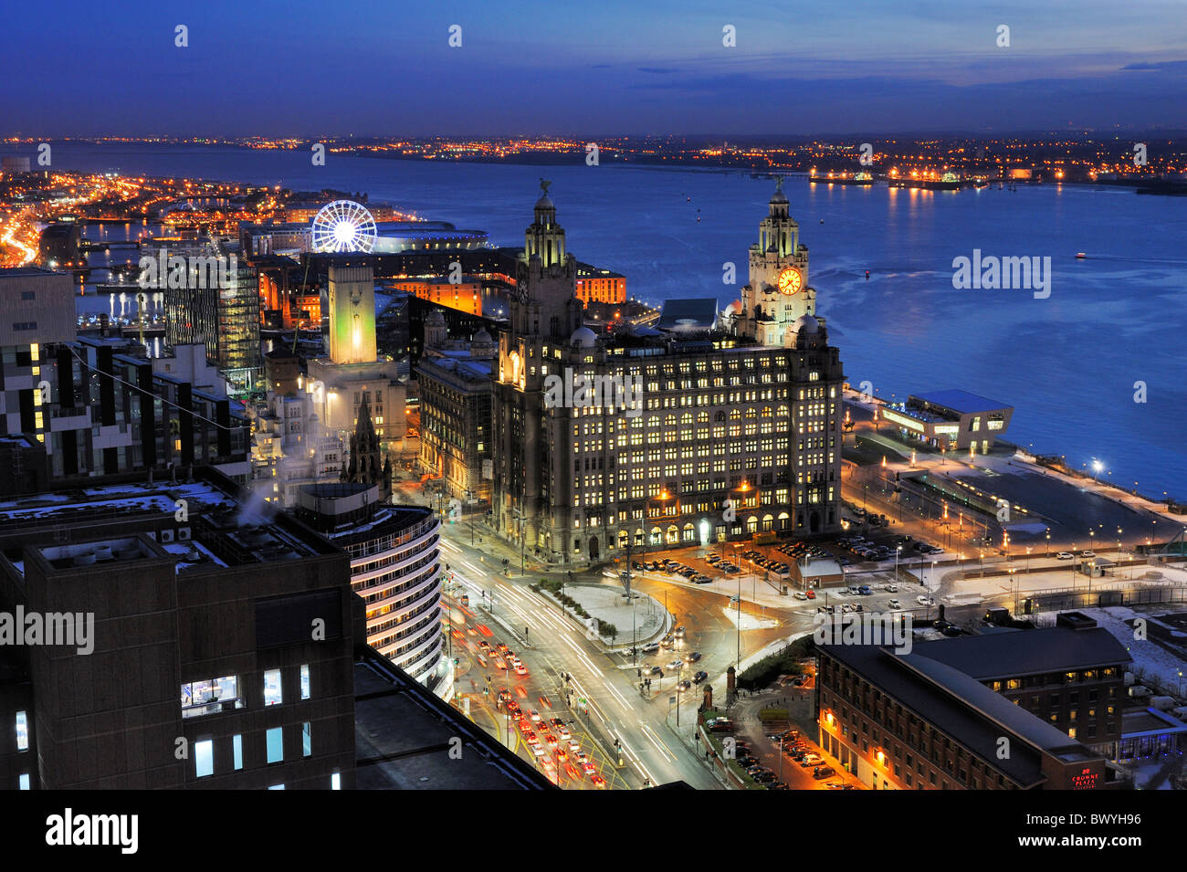 Liver Building, Pier Head and Albert Dock in Liverpool at night Stock ...