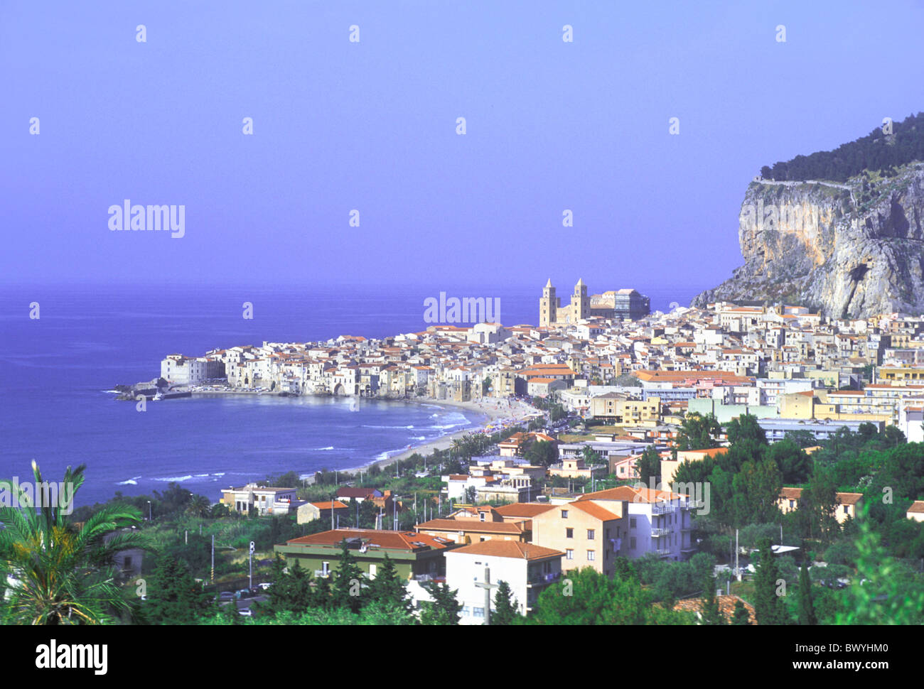 Old Town Cefalu cathedral dome rock cliff Italy Europe coast sea Sicily ...