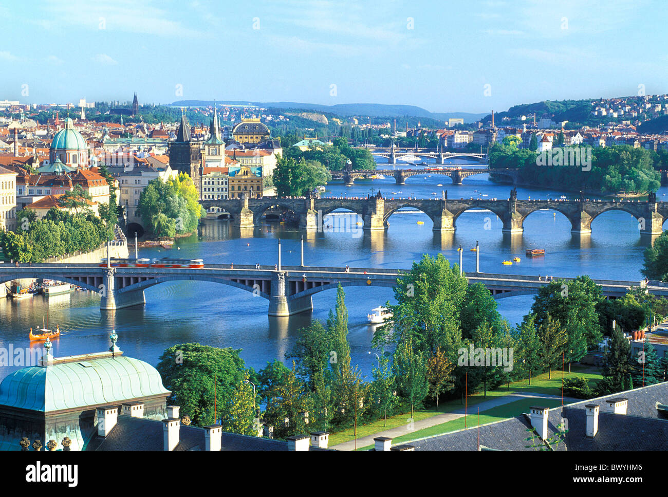 bridges river flow Charles bridge Moldavia Prague town city Czechia ...