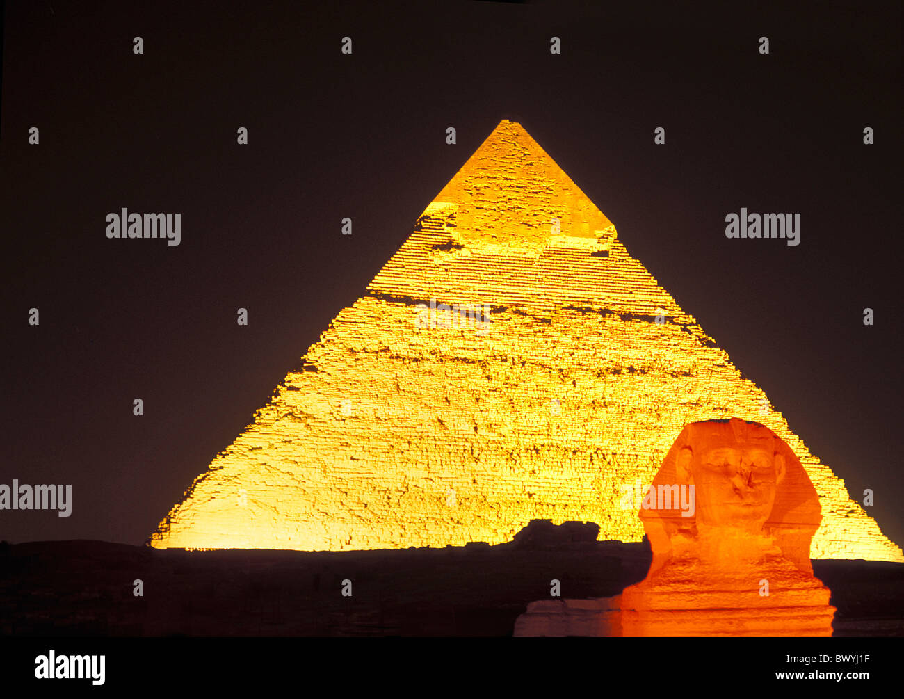 at night Cheops Pyramid Egypt North Africa Gizeh illuminated night ...