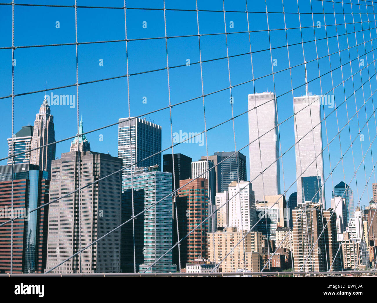 Brooklyn bridge cable grid Manhattan New York skyline USA America North ...