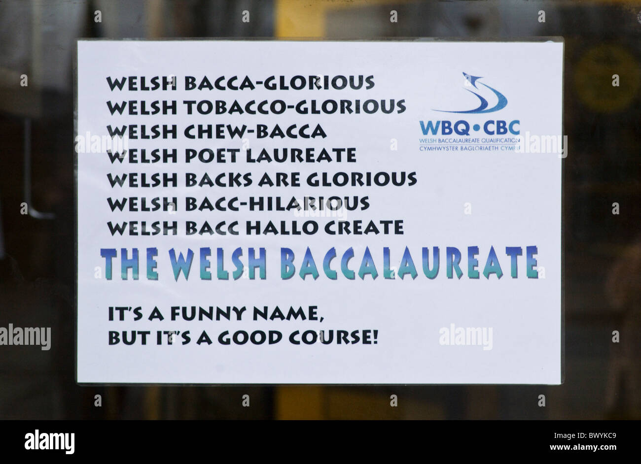 Welsh Baccalaureate sign at Builth Wells High School Stock Photo - Alamy