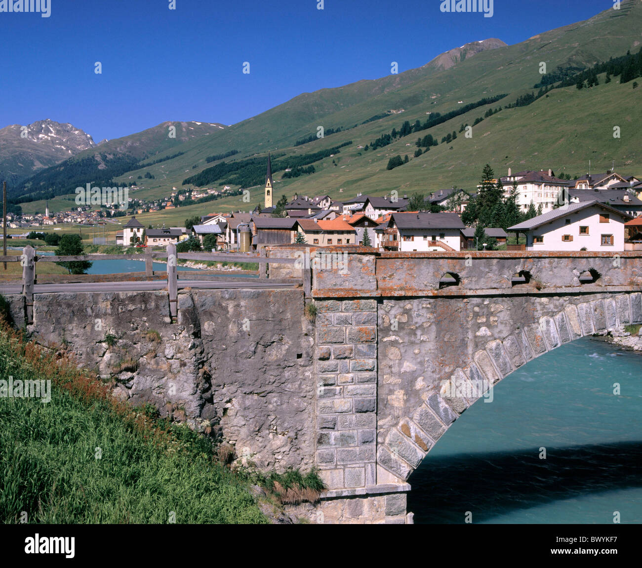 mountains Engadine river flow Graubunden Grisons Inn S-Chanf stone ...