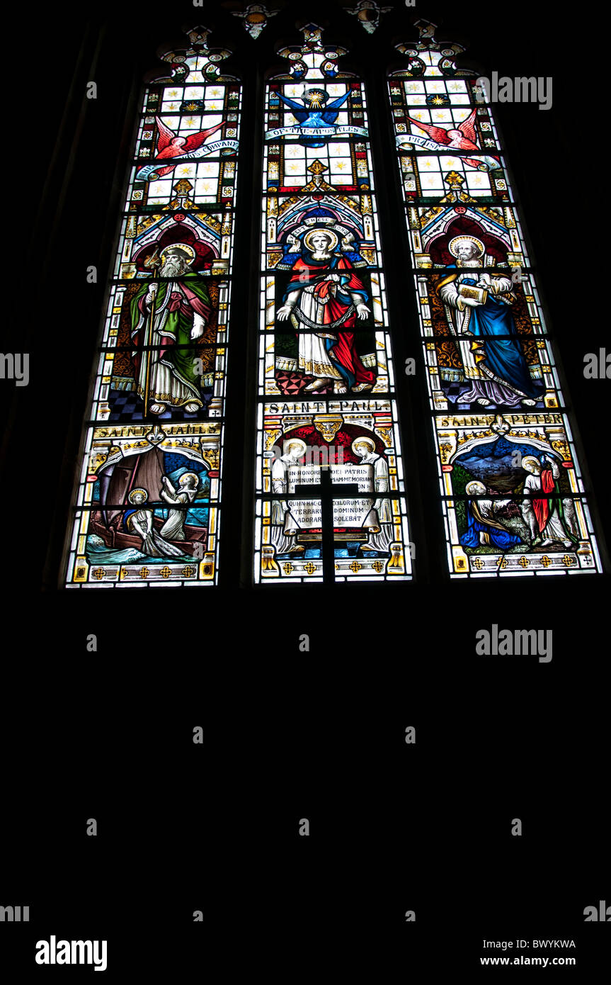 Stained Glass in the church of St leonard in Downham lancashire Stock ...