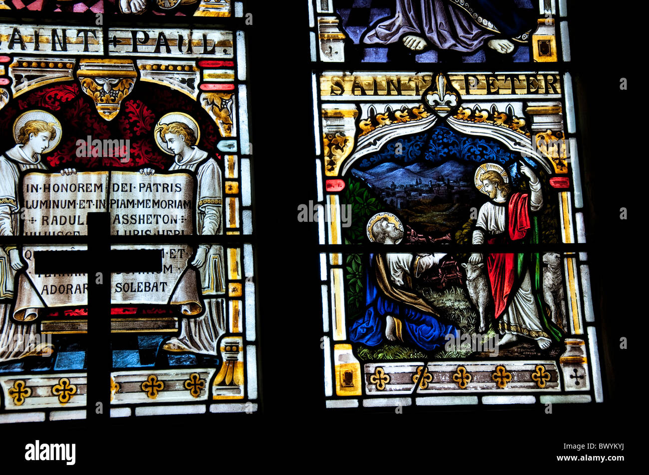 Stained Glass in the church of St leonard in Downham lancashire Stock ...