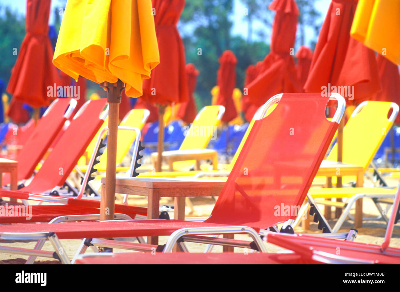 Athens bathing beach holidays yellow Greece empty deck chairs red ...