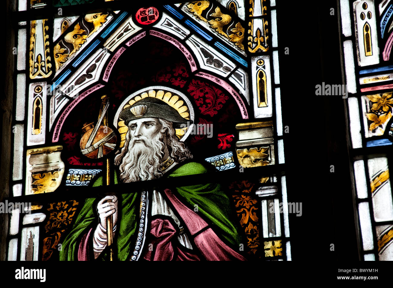 Stained Glass in the church of St leonard in Downham lancashire Stock ...
