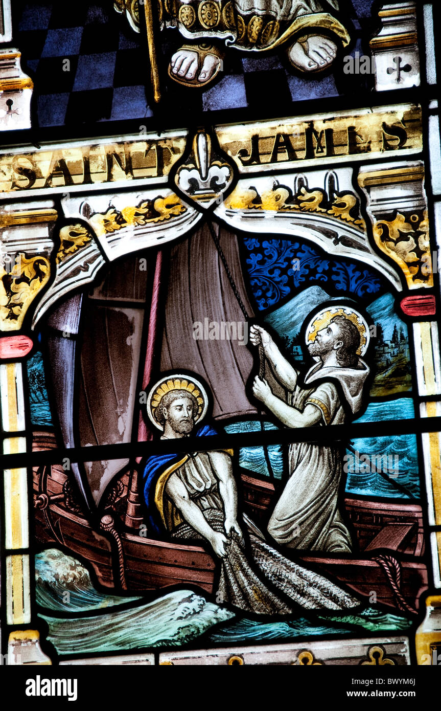 Stained Glass in the church of St leonard in Downham lancashire Stock ...