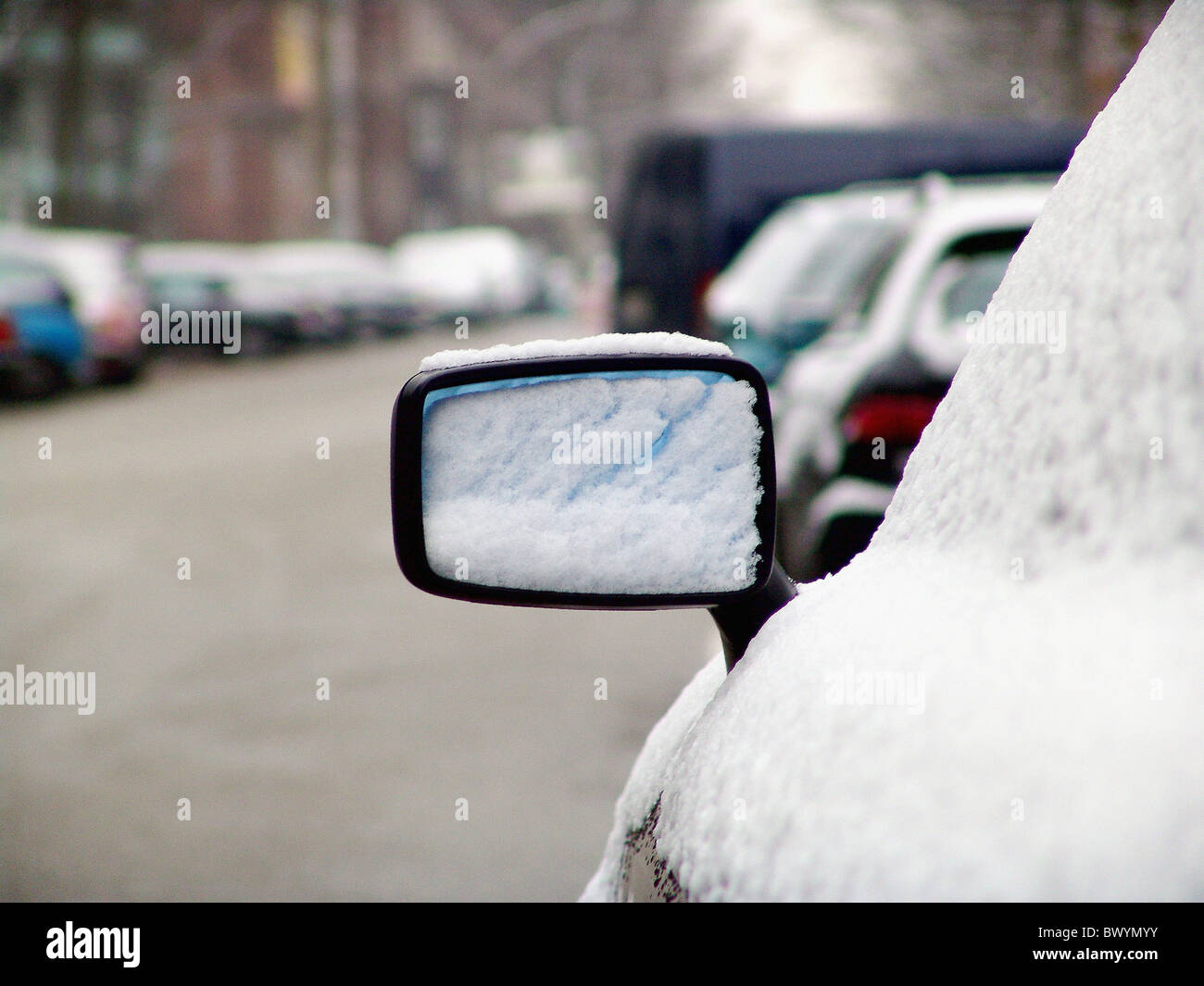 automobile car iced icy Frost ice mirror outside passenger car side ...