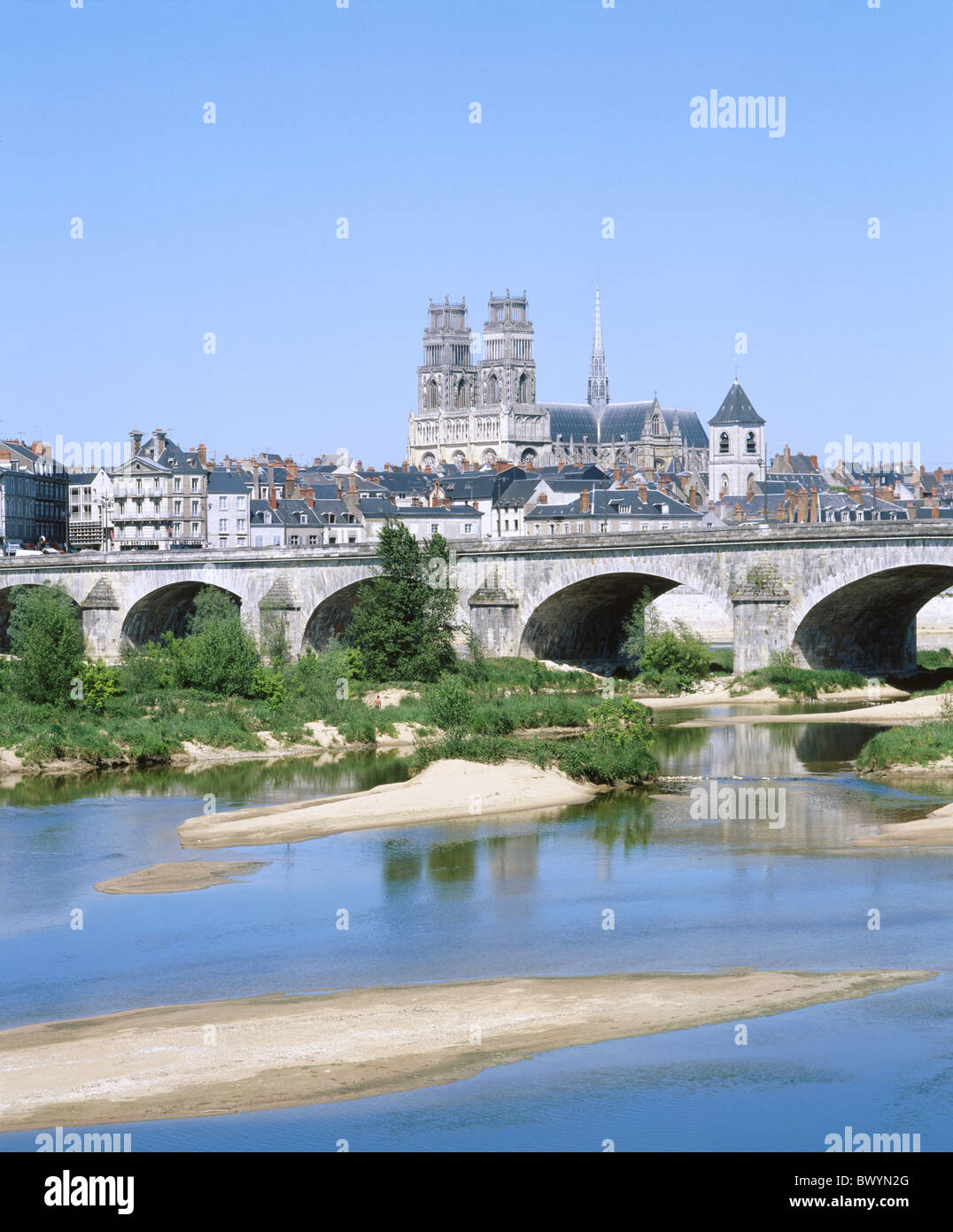 bridge Centre river flow France Europe cathedral Loire Orleans town ...