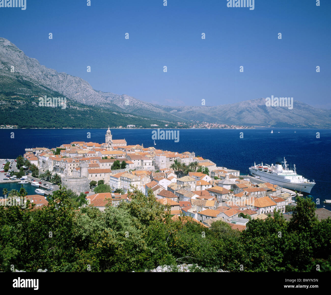 Old Town Korcula town city Croatia coast sea ship overview Stock Photo ...