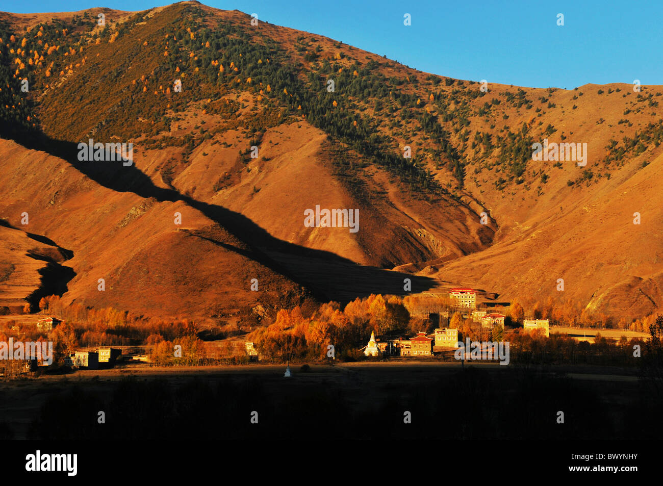 Tibetan village at the foot of mountains in sunset, Xinduqiao, Kangding ...