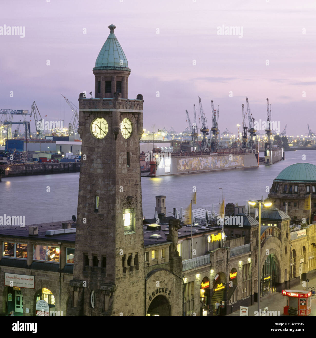 Germany Europe harbour port Hamburg landing stages mood tower rook ...
