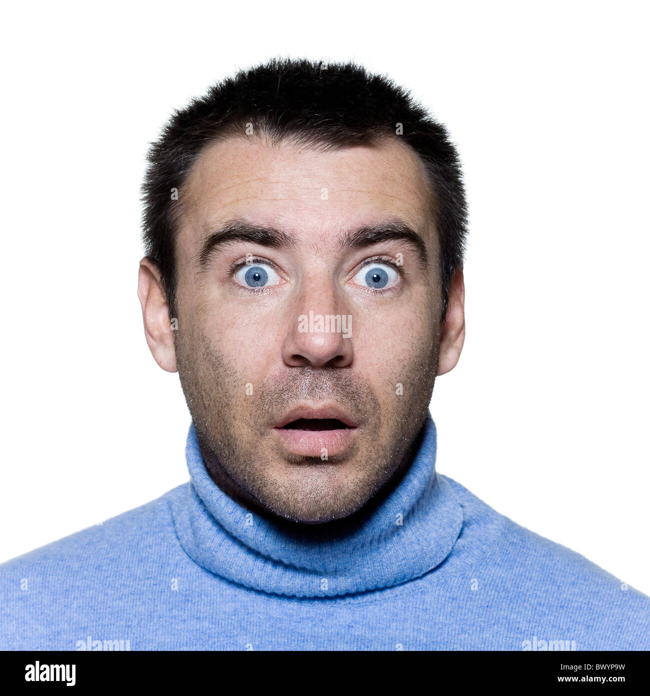 expressive portrait on isolated background of a stubble man stun ...