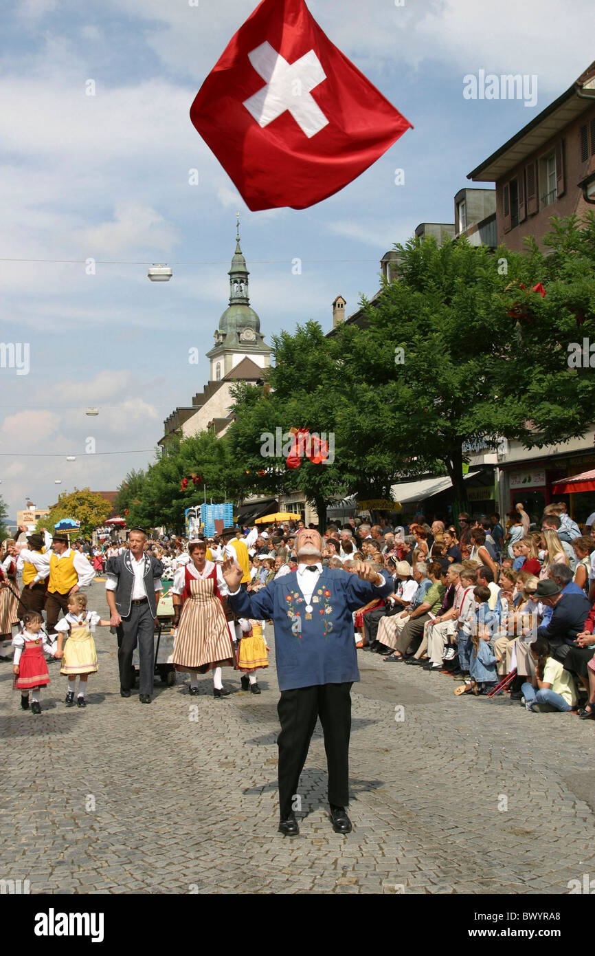 bull canton Fribourg flag flag swings flag thrower folklore move parade ...