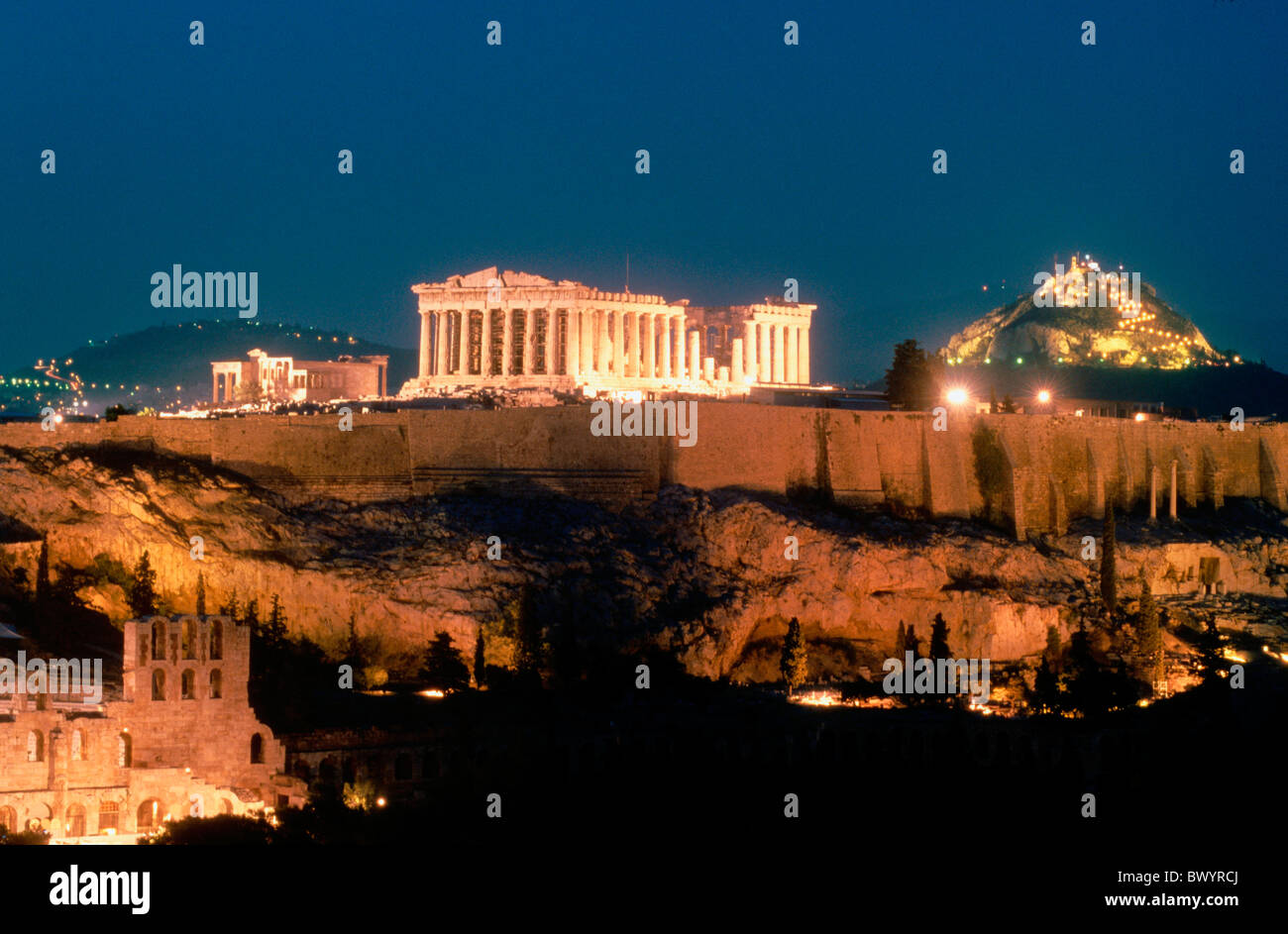 Acropolis Athens lighting whole view Greece at night Parthenon Stock ...