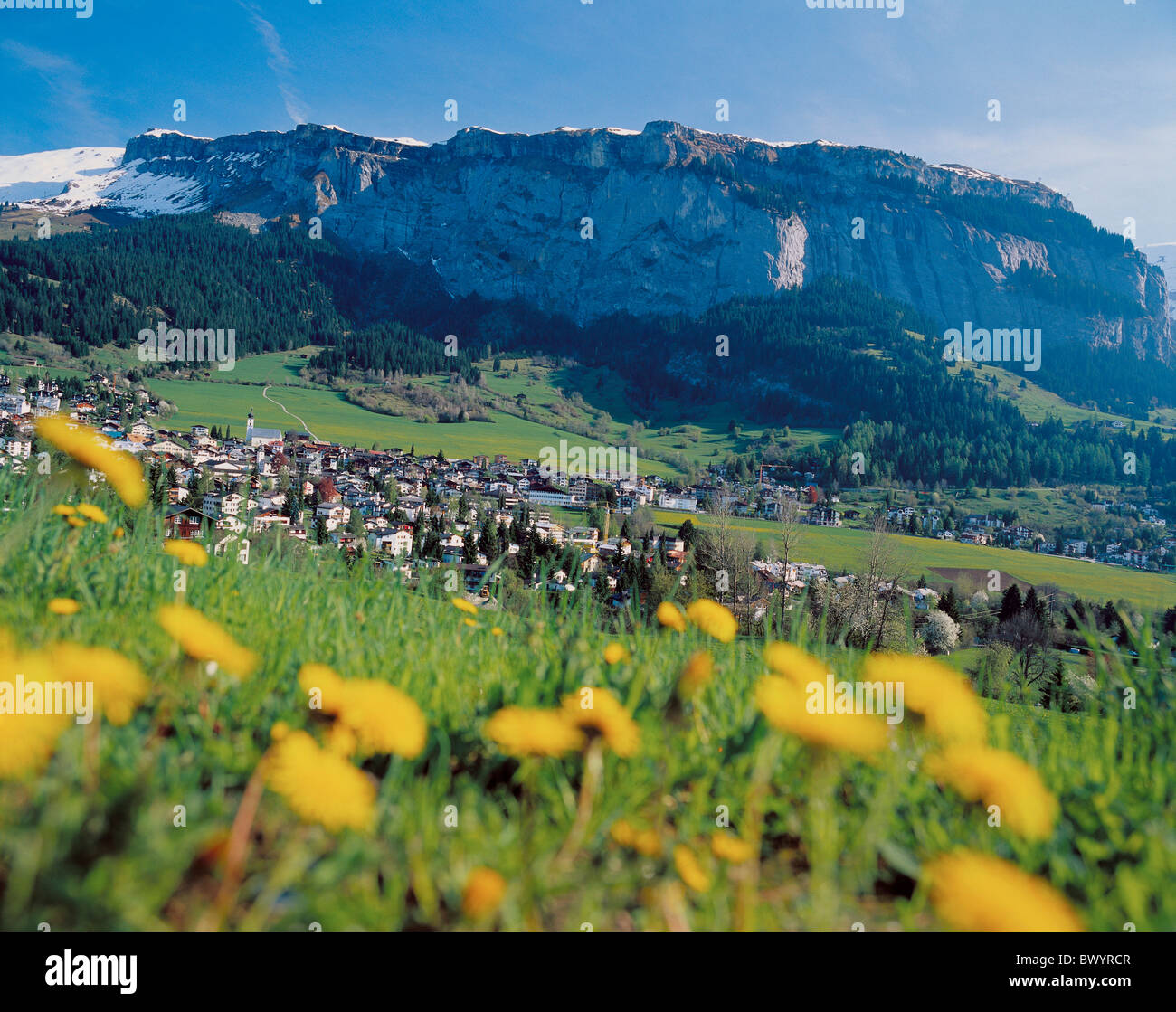 Switzerland Europe Graubunden Grisons Flims overview village Bergeese ...