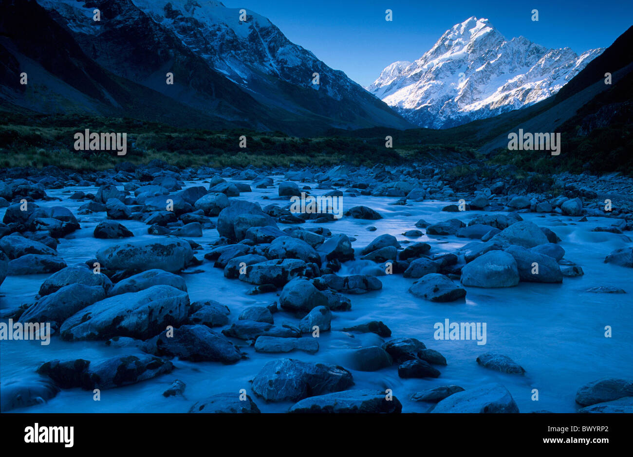 dusk Hook River mood Mount Cook mountains New Zealand river scenery ...