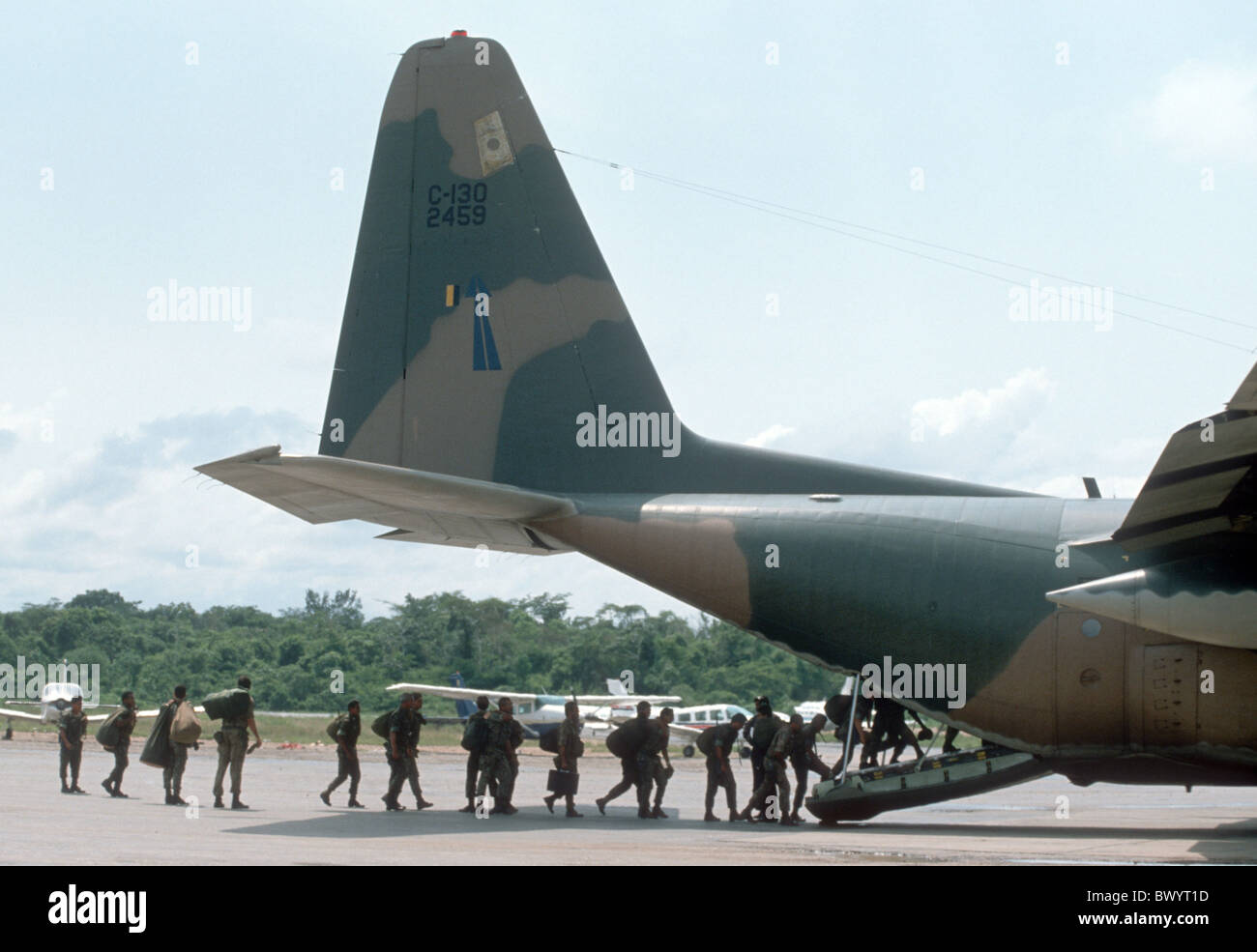 BRAZIL. SOLDIERS BOARDING AIR FORCE PLANE IN THE AMAZON REGION Stock ...