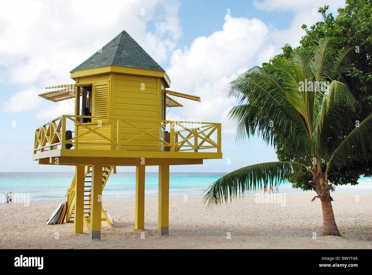 Beach scene Barbados, West Indies, Caribbean. Yellow beach lifeguard ...