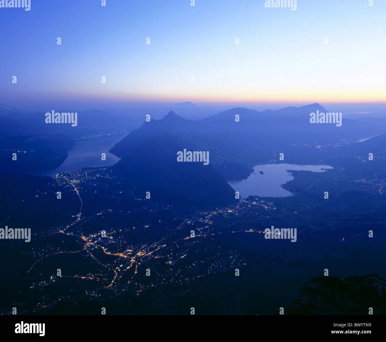 mountains dusk twilight canton Schwyz scenery Lauerzersee lake night at ...