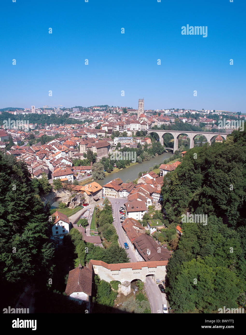 Switzerland Europe town city of Freiburg Fribourg overview river flow ...