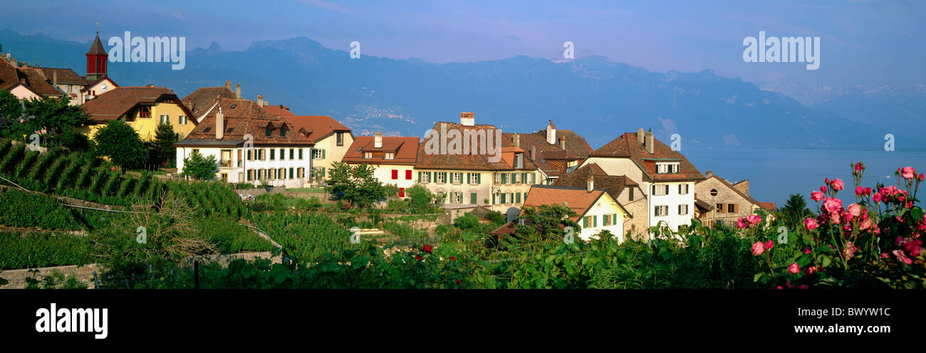 evening light village view lake Geneva Lake Geneva Lac Leman panorama ...