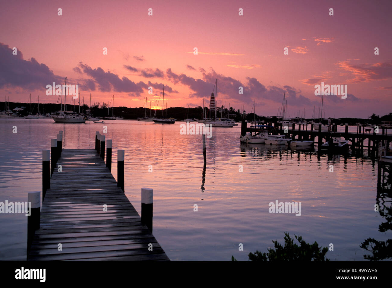 Abaco Island Bahamas boats coast Elbow Cay harbor Hope Town lighthouse ...