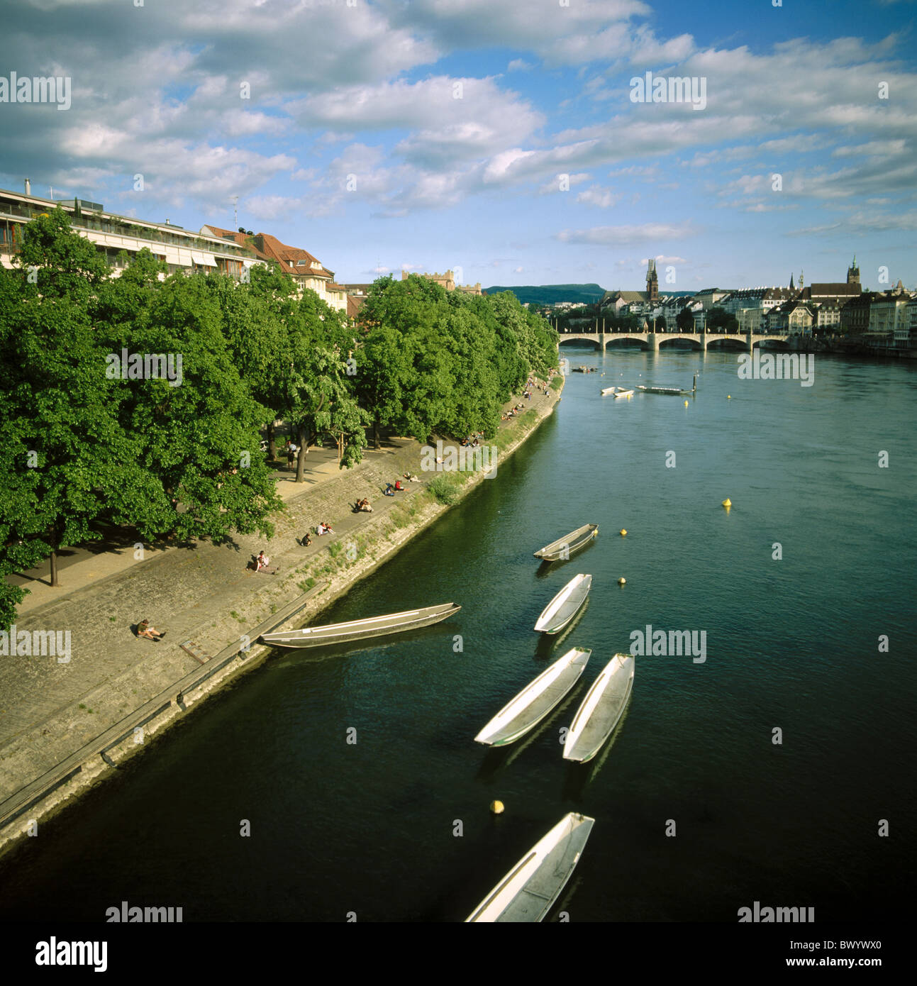 Old Town boats river flow person middle bridge promenade Rhine river ...