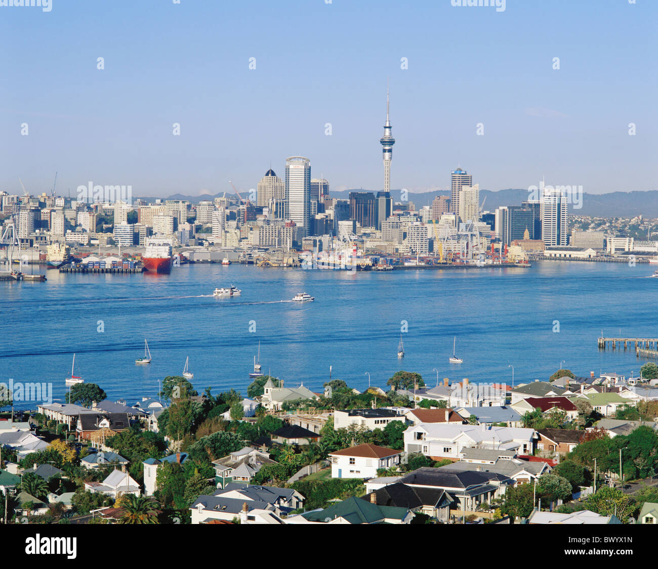 Auckland coast sea New Zealand north island sail boats skyline tower ...
