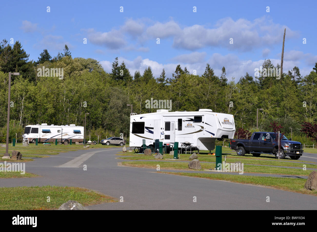 RV campground at the Redwoods National Park, California, USA Stock ...