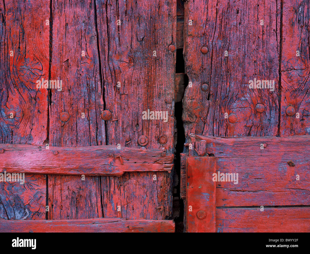 background blue color Gate ground old red door wears wood Stock Photo ...