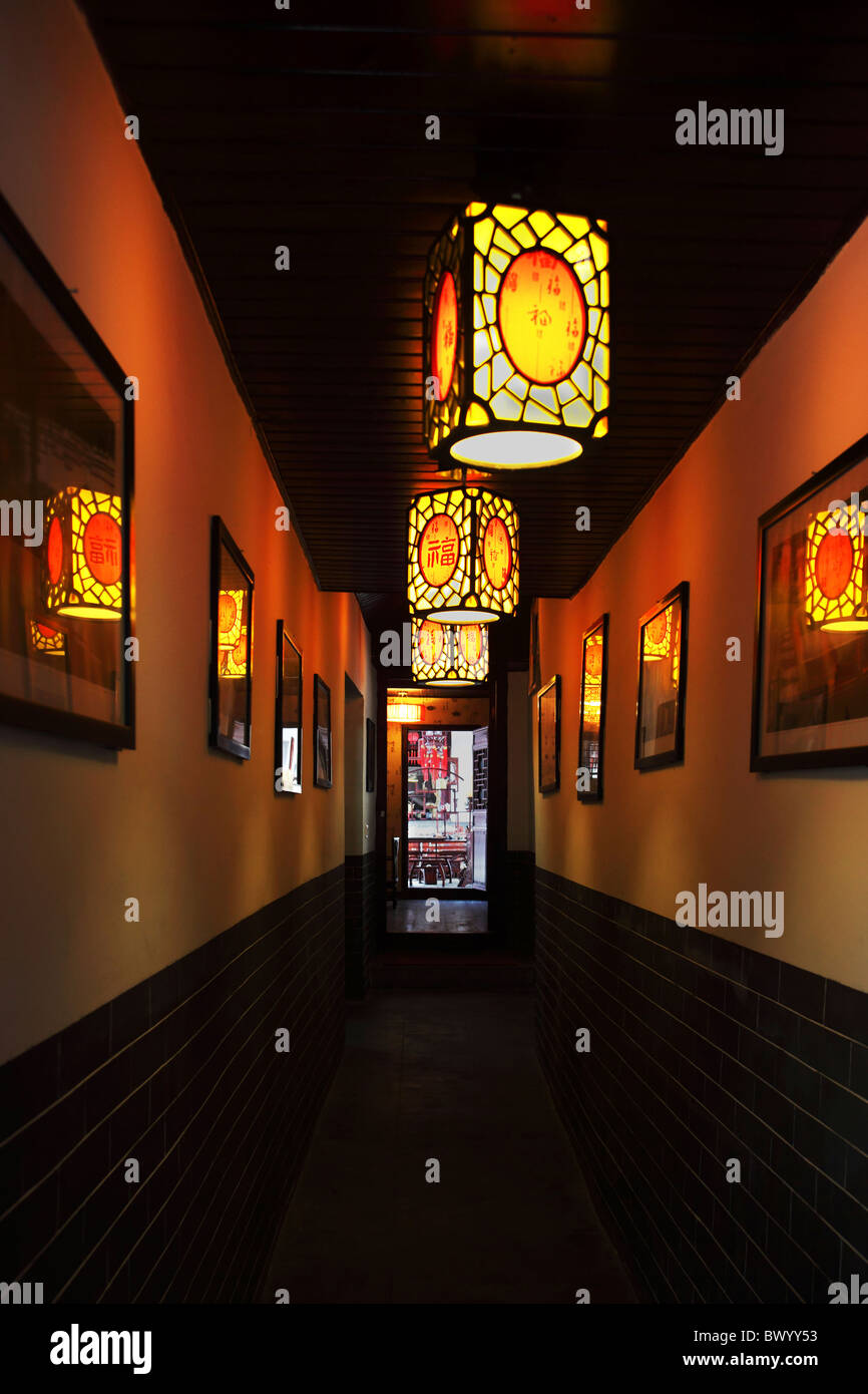 Richly decorated corridor in a Chinese restaurant, Xitang, Jiaxing ...