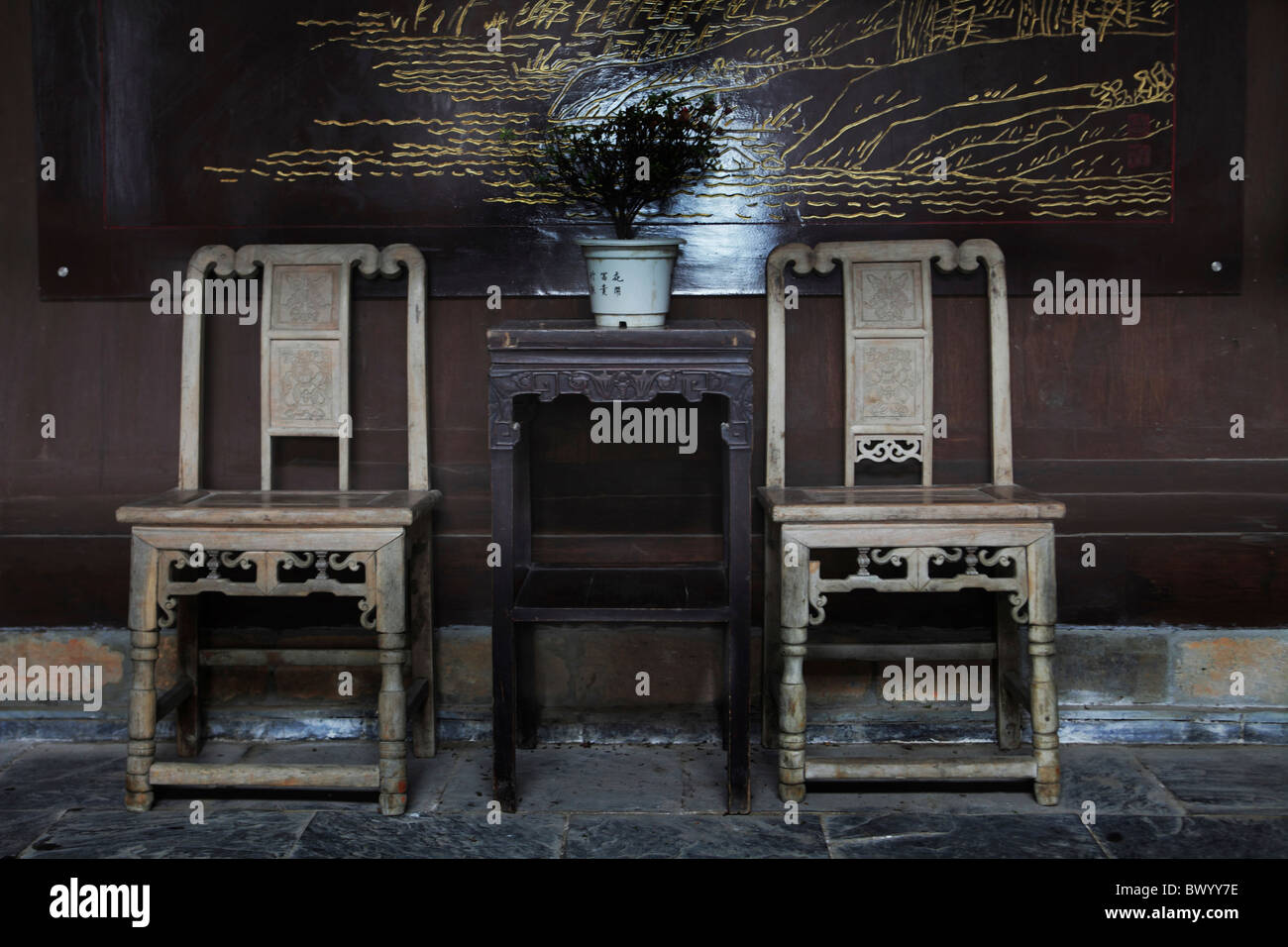 Traditional wooden chairs in an ancient Hui style home, Xinghua Village ...