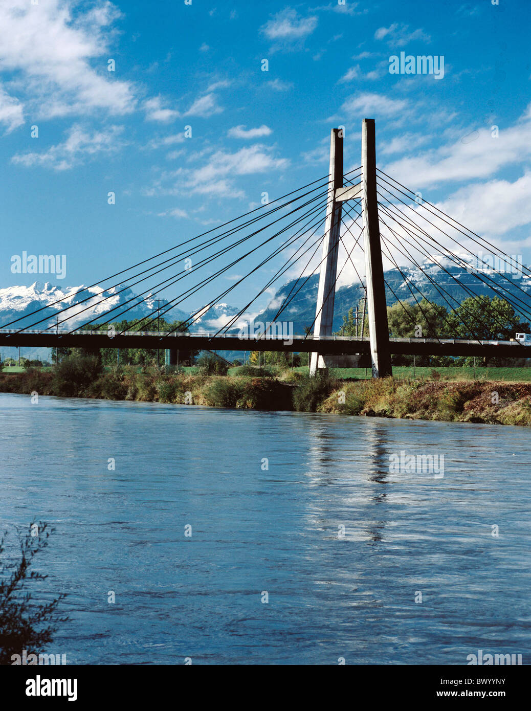 alpine Alps mountains bridge Diepoldsau river flow civil engineering ...