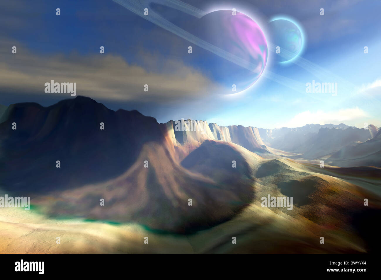 Mountainous landscape on a futuristic world with two beautiful moons ...