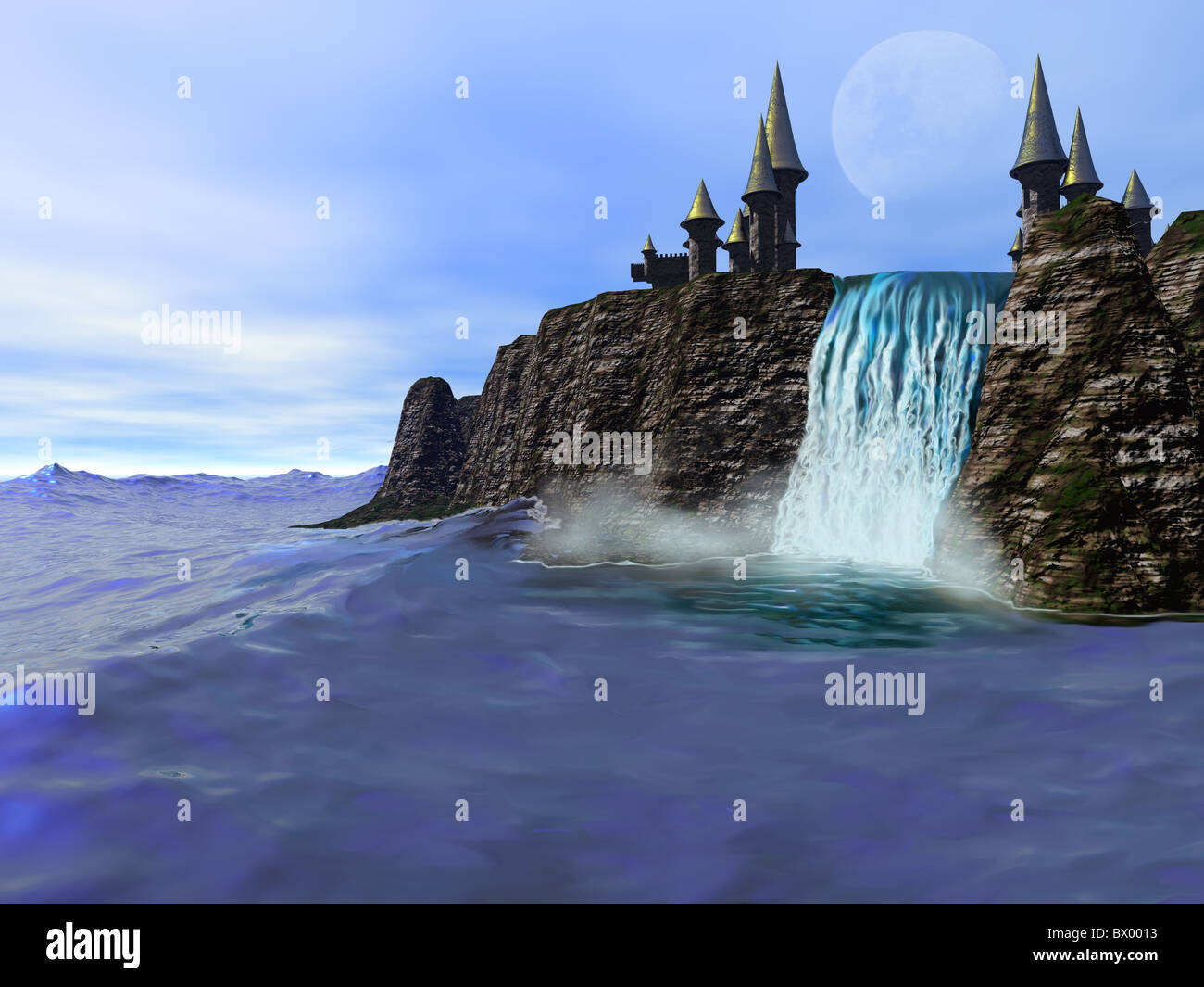 A beautiful waterfall meets the deep blue ocean in this fantasy castle ...