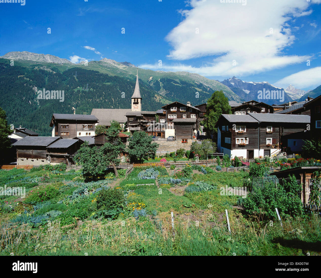 alpine Alps mountain village mountains village Ernen gardens Goms ...