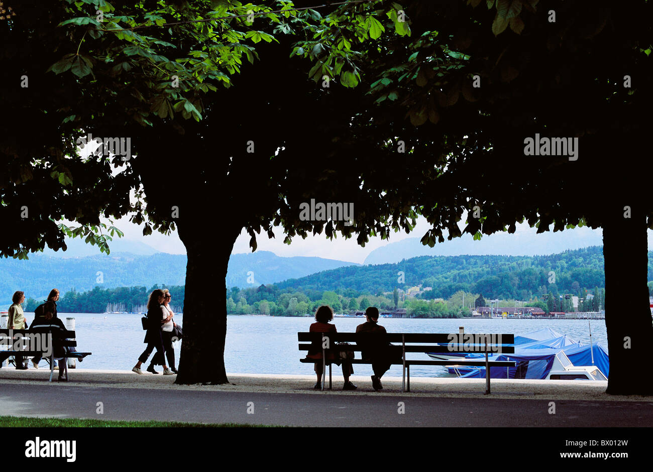 Switzerland Europe town city Lucerne promenade people walk trees lake ...
