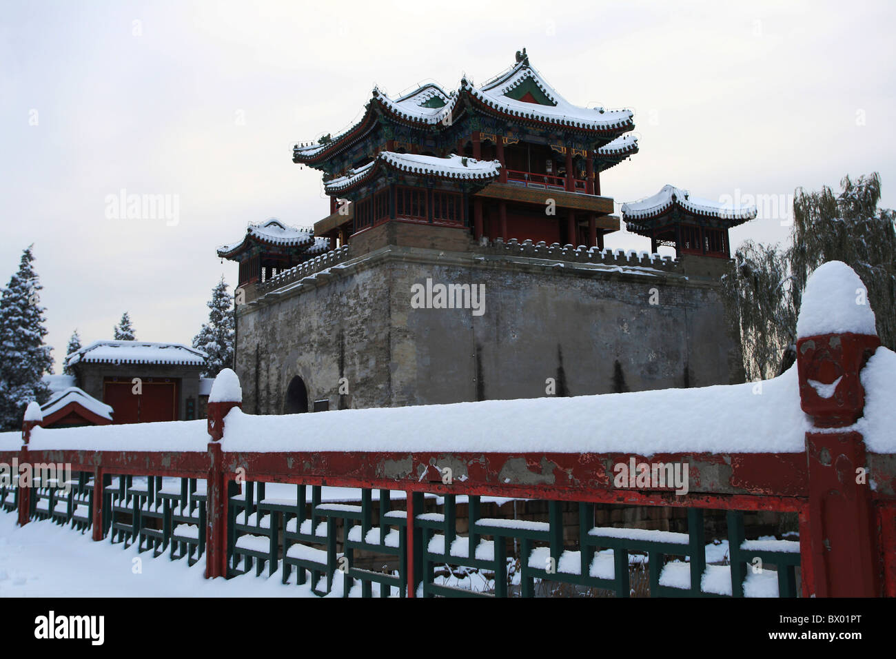 Snow covered Wenchang Tower, Summer Palace, Beijing, China Stock Photo ...