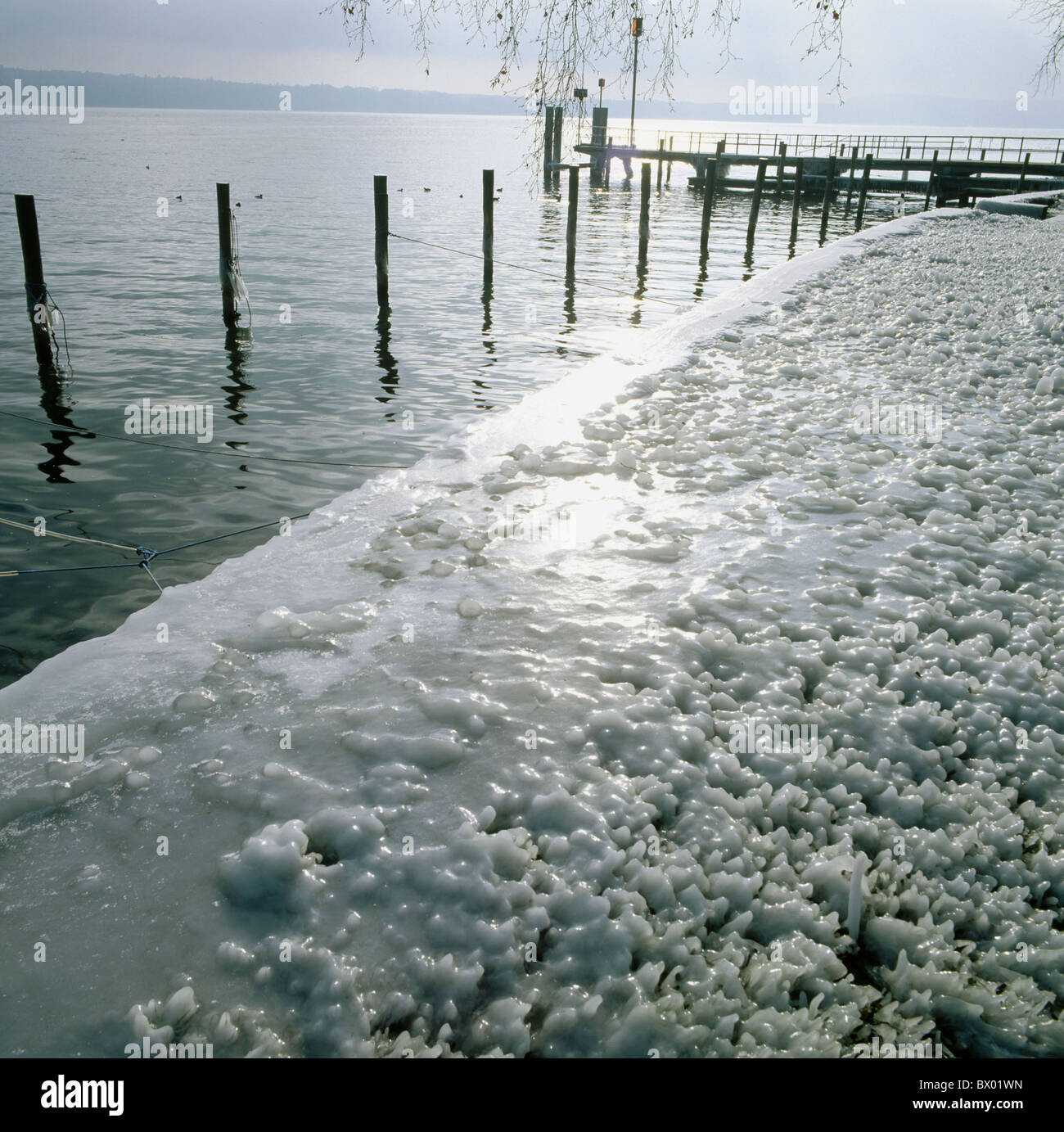 Bern lake Biel lake sea landing stage ice-covers back light promenade ...