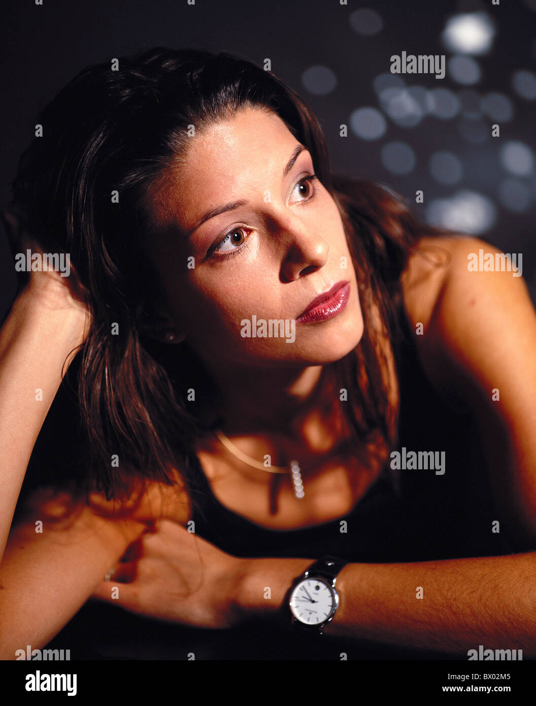 brown-haired head propped up girls portrait greasepaint jewellery ...